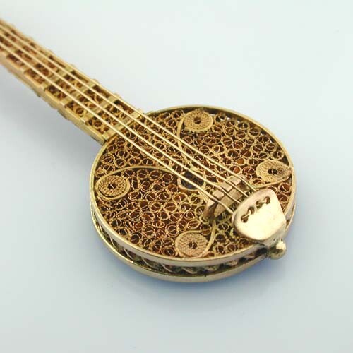 Rare Vintage 14K Gold Handmade Filigree Banjo Mandolin Musical Pendant ...