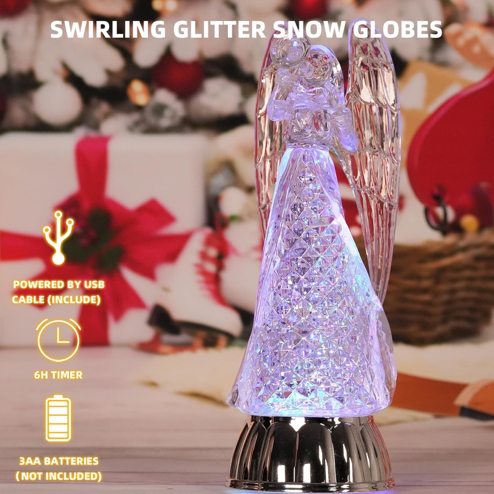 12" Angel Snow Globe Lighted Christmas Decorations, Swirling Glitter ...