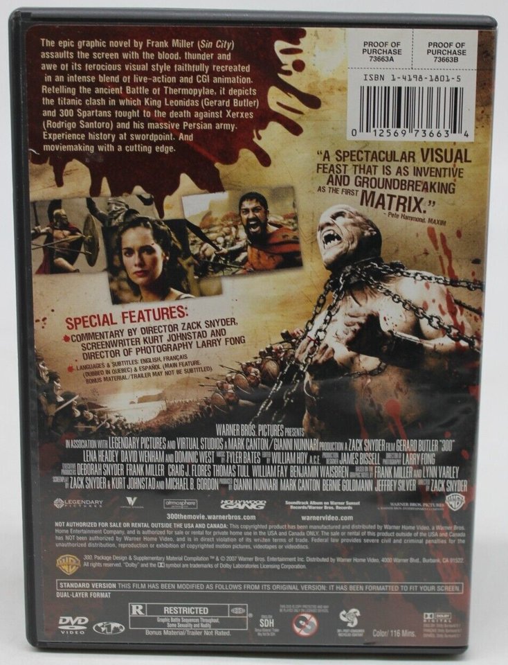300 DVD Full Screen Edition 2007 Action Adventure Gerard Butler Lena ...