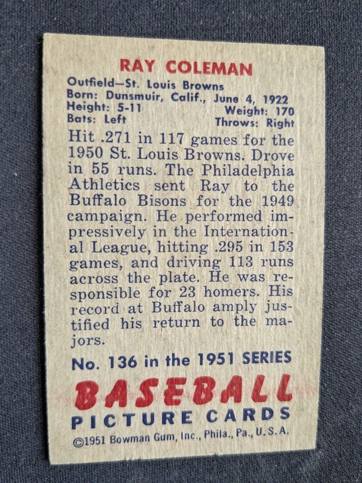 1951 Bowman Baseball Card # 136 Ray Coleman - St. Louis Browns (EX) | eBay