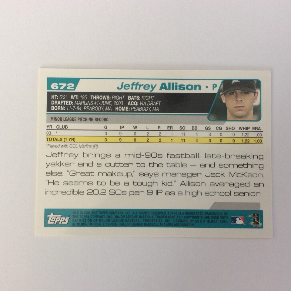 2004 Topps #672 Jeffrey Allison DPK, RC Florida Marlins | eBay