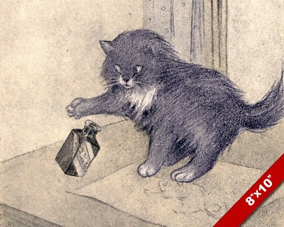 NAUGHTY CAT KNOCKING OVER INK BOTTLE KITTEN PET ART PAINTING REAL ...