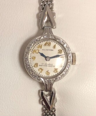 Womens Vintage Platinum Clinton Diamond Watch Good running condition | eBay