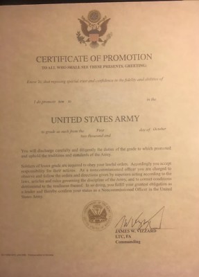 U.S.ARMY Promotion Certificate Comes Blank. Fill In Your Own ...