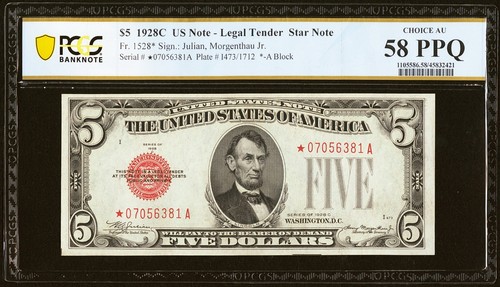 PCGS 1928C $5 US Note Legal Tender Star Note Choice AU 58 PPQ | eBay