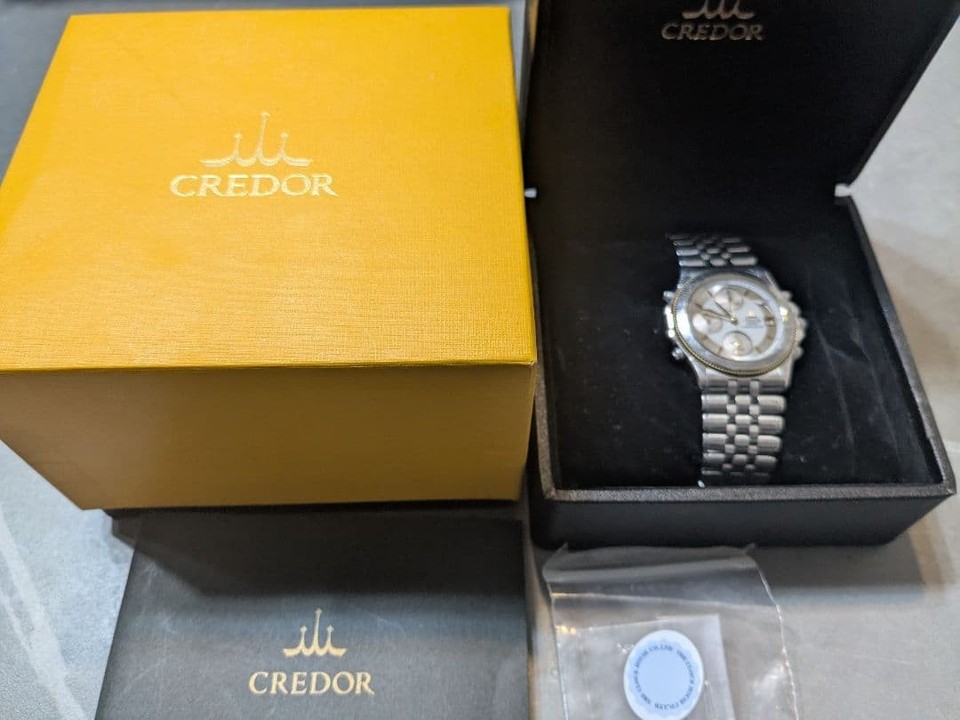 CREDOR Chronograph Watch 40mm Silver Quartz 18K+SS Vintage Japan Ltd ...