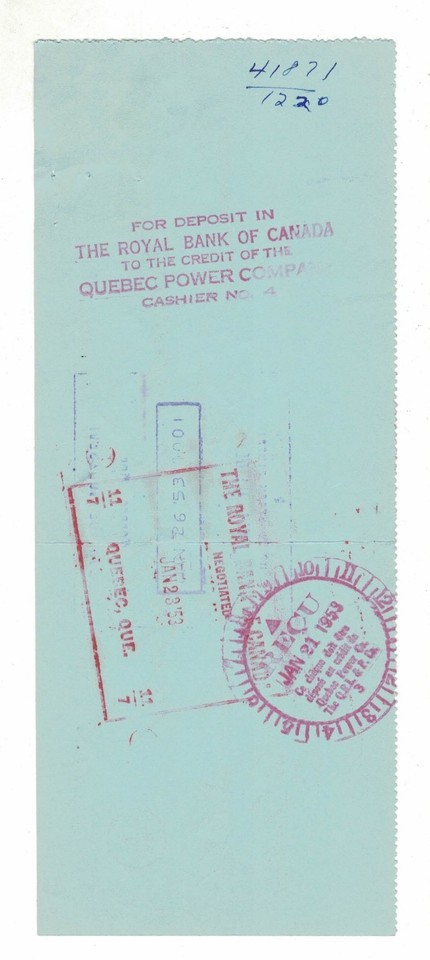 1953-01-19, #318 / MONTREAL BANK CHECK, QUEBEC, PAID TO QUEBEC POWER ...