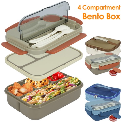 Bento Container with 4 Compartment Sauce Cup 1300ml Leakproof Bento Box ...