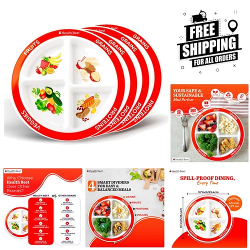 Durable BPA-Free Portion Control Plates - 4 Divided Sections for ...