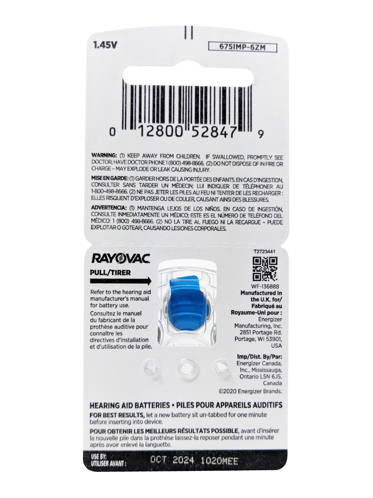 Rayovac 675P Cochlear Implant Hearing Aid Batteries Mercury Free (60 ...