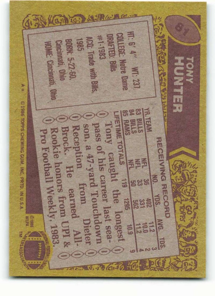 1986 Topps #81 Tony Hunter NM++ RC Rookie LA Rams ID:314545 | eBay