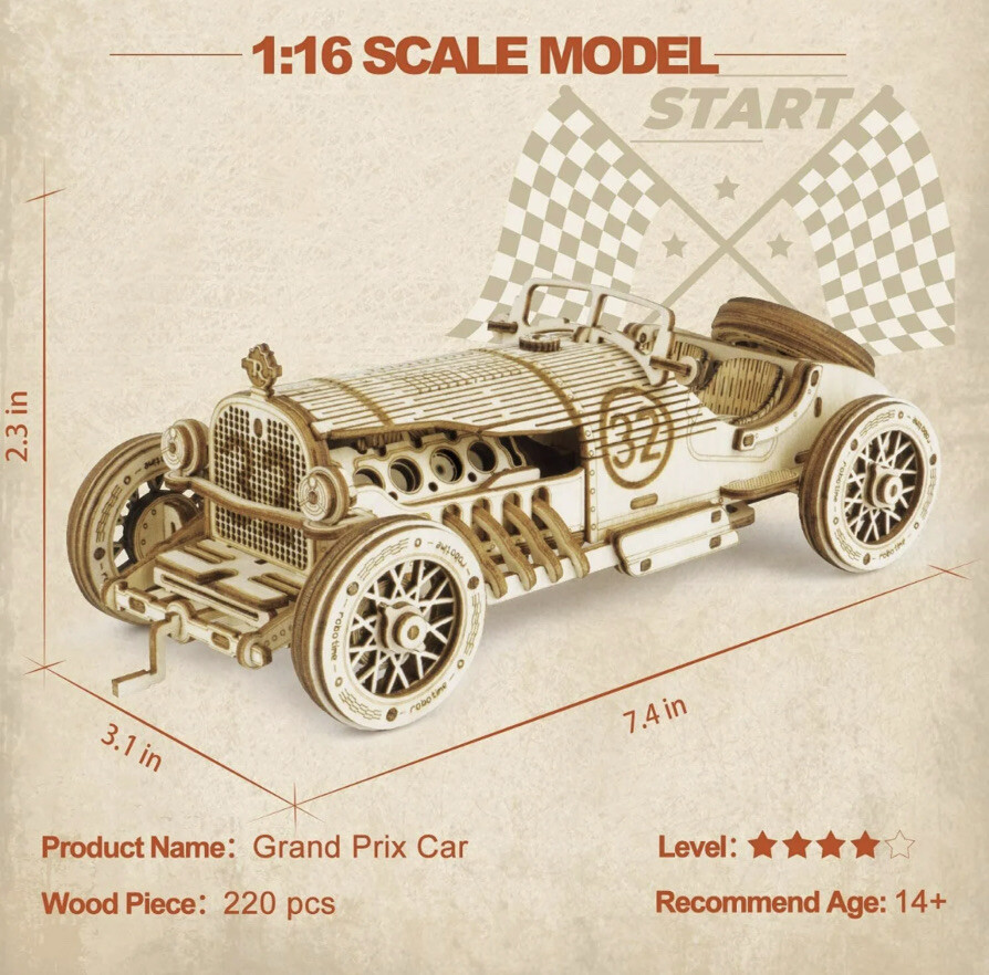 ROKR GRAND PRIX RACE CAR Indy 3D Wood Scale Model Kit DIY Puzzle Toy ...