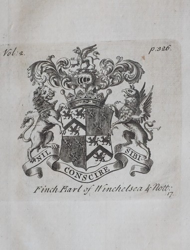 1756 ANTIQUE PRINT FAMILY CREST COAT OF ARMS FINCH EARL OF WINCHELSEA ...