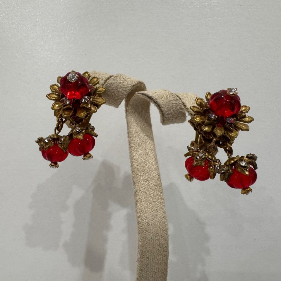 Sign Miriam Haskell Red Mellon Bead Rhinestone Earrings Necklace ...