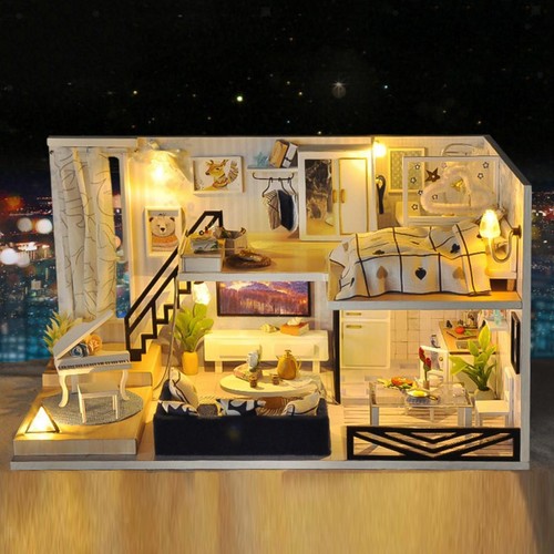 1/24 DIY Wooden Dollhouse Building Modern Loft Living Room Kit Birthday ...