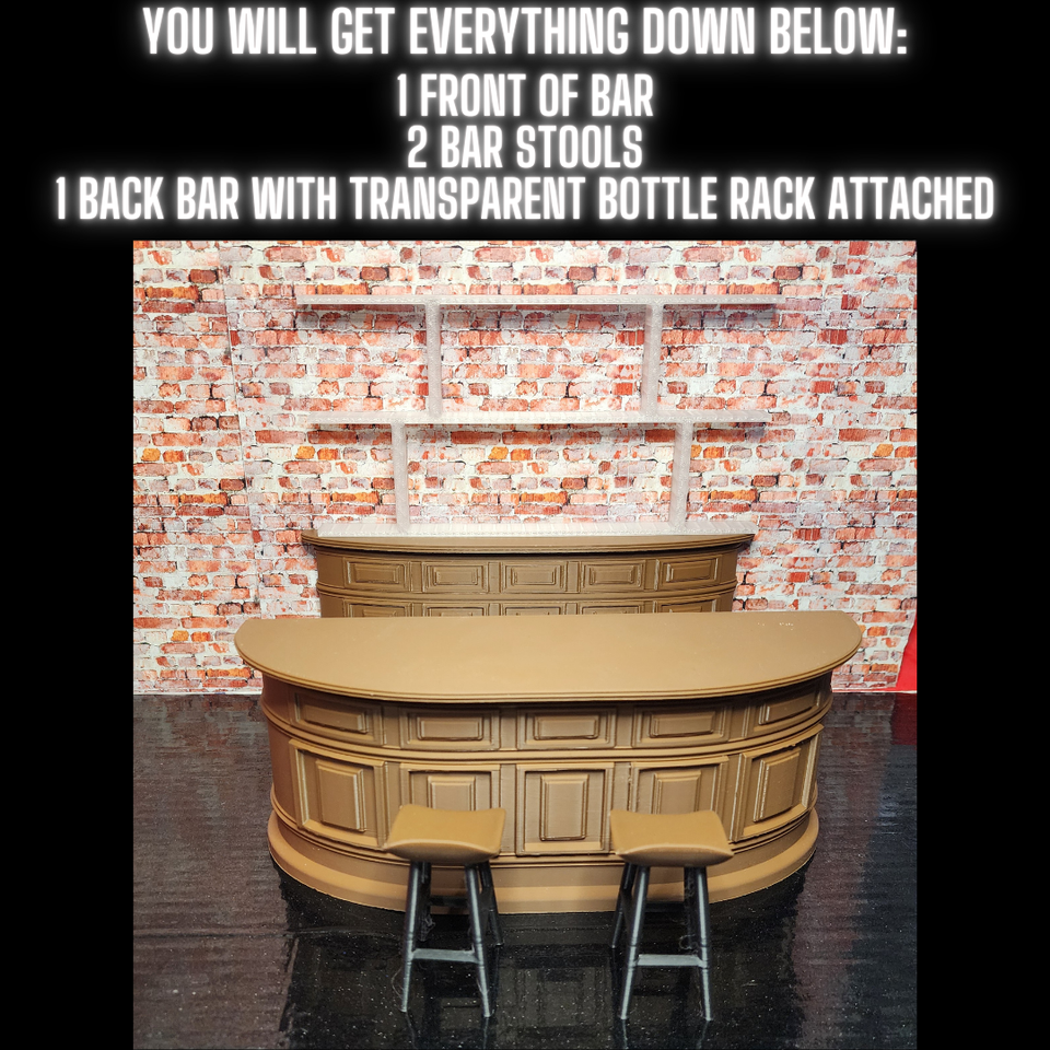 1/12 SCALE BAR SET, With Back Bar and Bottle Rack and 2 Bar Stools, 3D ...