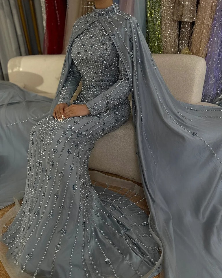Luxury Dubai Blue Muslim Mermaid Beaded Evening Dresses with Cape ...
