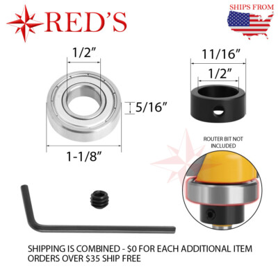 1/2" ID 1-1/8" OD Bearing with Collar Set Router Bit- CXBB1329T1A REDS ...