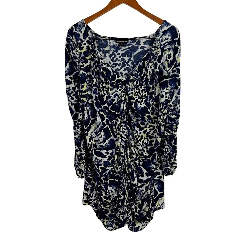 Fashion Bug Ruched Tunic Blouse 2X Stretchy Leopard Print Blue Neon ...