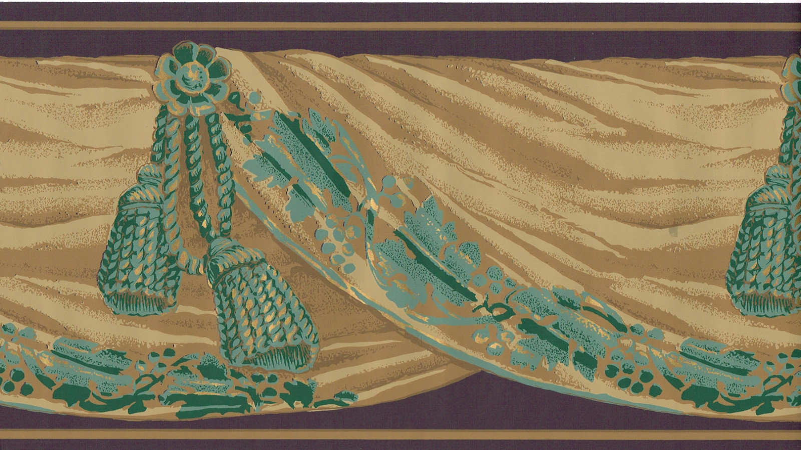 Victorian Brown Green Gold Tassel Swag Drapery Valance Drape Wallpaper ...