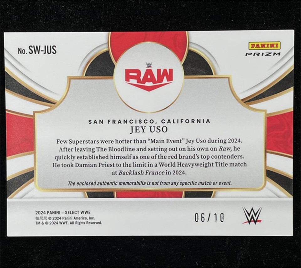 2024 Panini Select WWE Jey Uso Selective Swatches Patch Gold Prizm /10 ...
