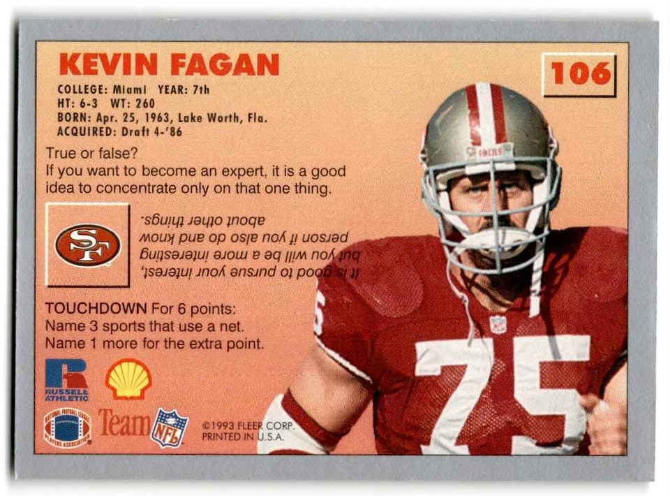 1993 FLEER SHELL FACT KEVIN FAGAN SAN FRANCISCO 49ERS #106 | eBay