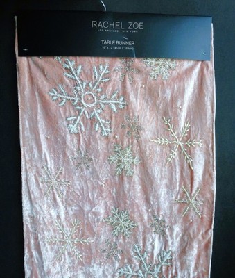 RACHEL ZOE Luxe Beaded Snowflakes TABLE RUNNER Soft Pink Crushed Velvet ...