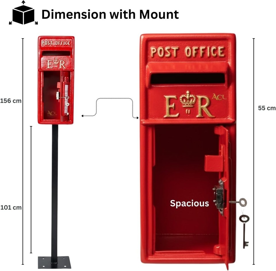 Post Box Red ER with Lock Wall Mounted Royal Mail Design Mailbox Large ...