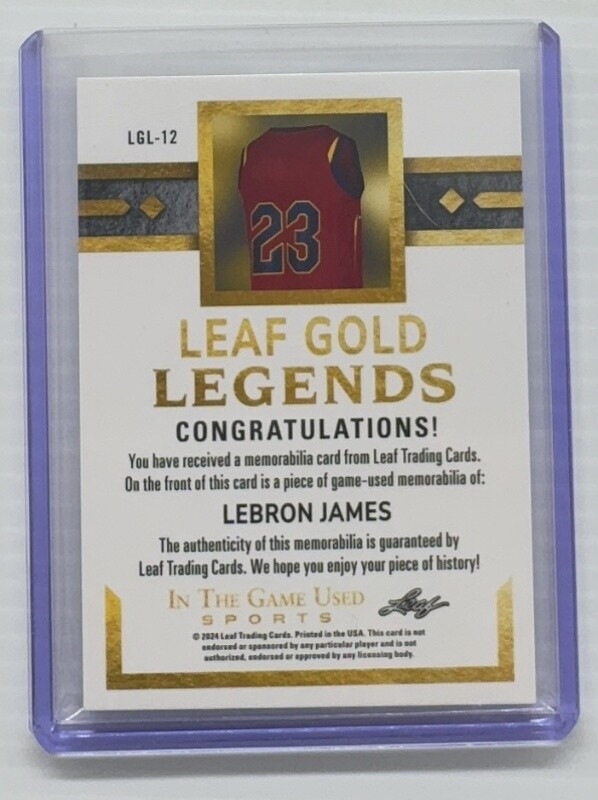 2024 Leaf In The Game Used LeBron James Leaf Gold Legends Jersey Purple ...