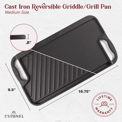 Cast Iron Griddle/Grill + Burger Press + Pan Scrapers - Reversible Pre ...