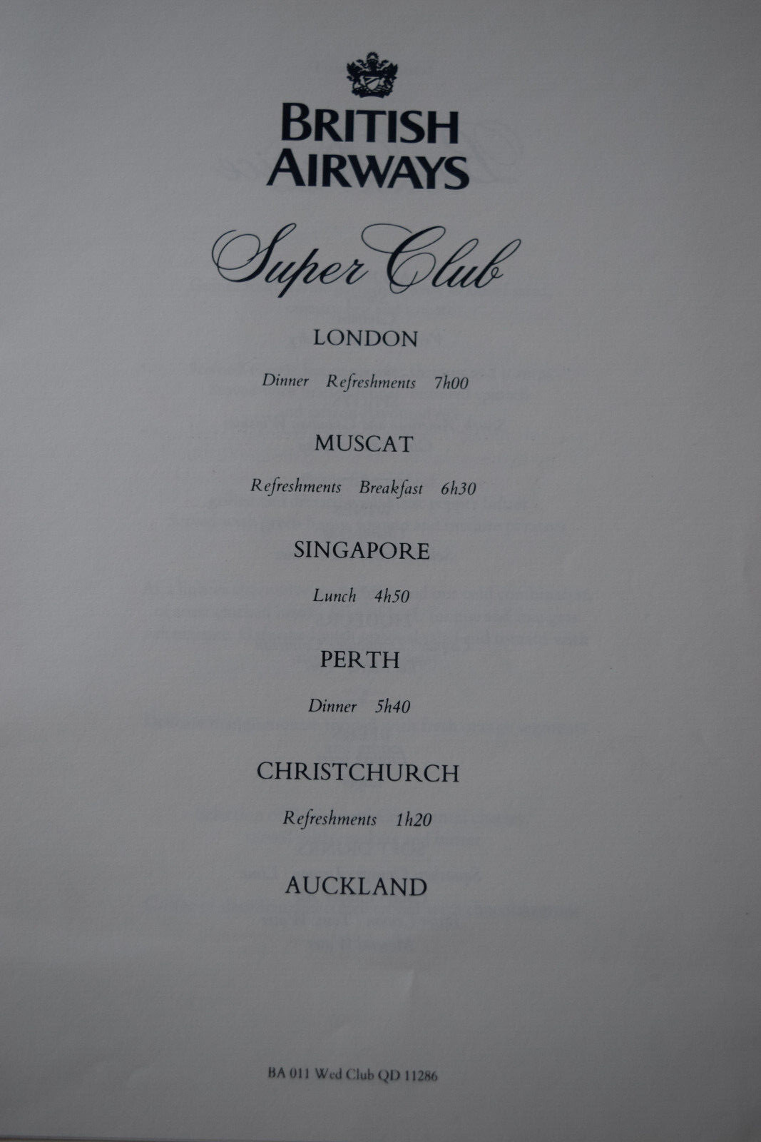 British Airways Super Club inflight menu | Grelly UK
