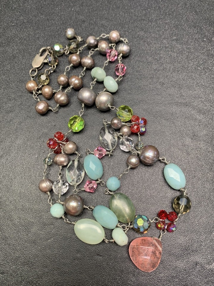 Vintage Necklace Real Pearl Gemstone Colorful Multi Strand, Boho 16” | eBay