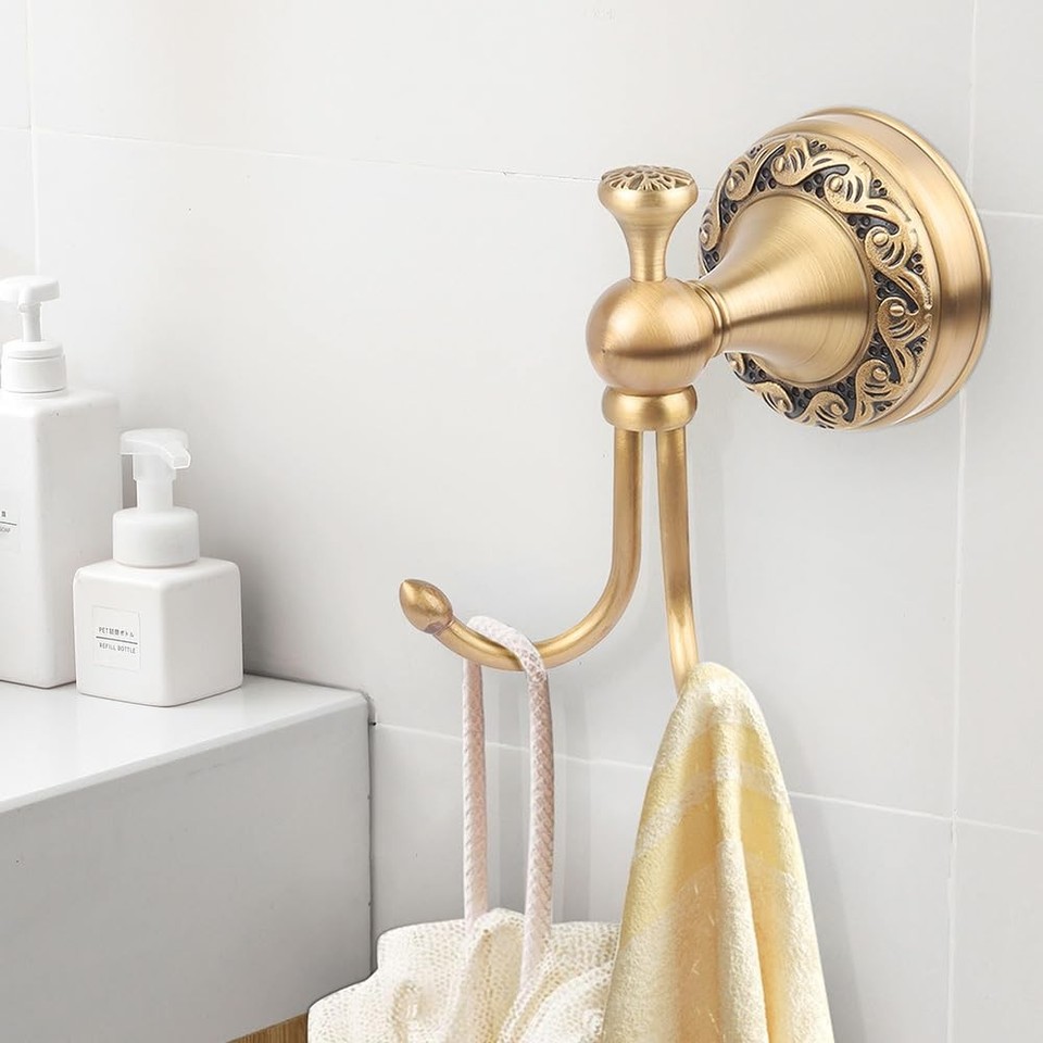 Antique Brass Towel Hook, Wall Mounted Bathroom Copper Double Hook for ...