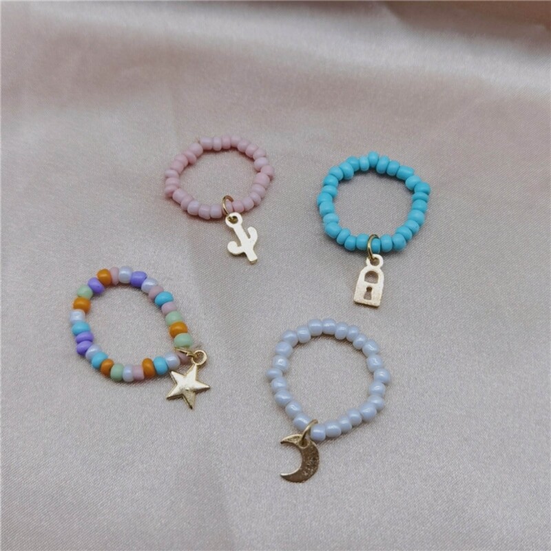 4 Pcs/set Star- Moon Lock Beaded Set Cute Handmade Beach Rings Jewelry ...