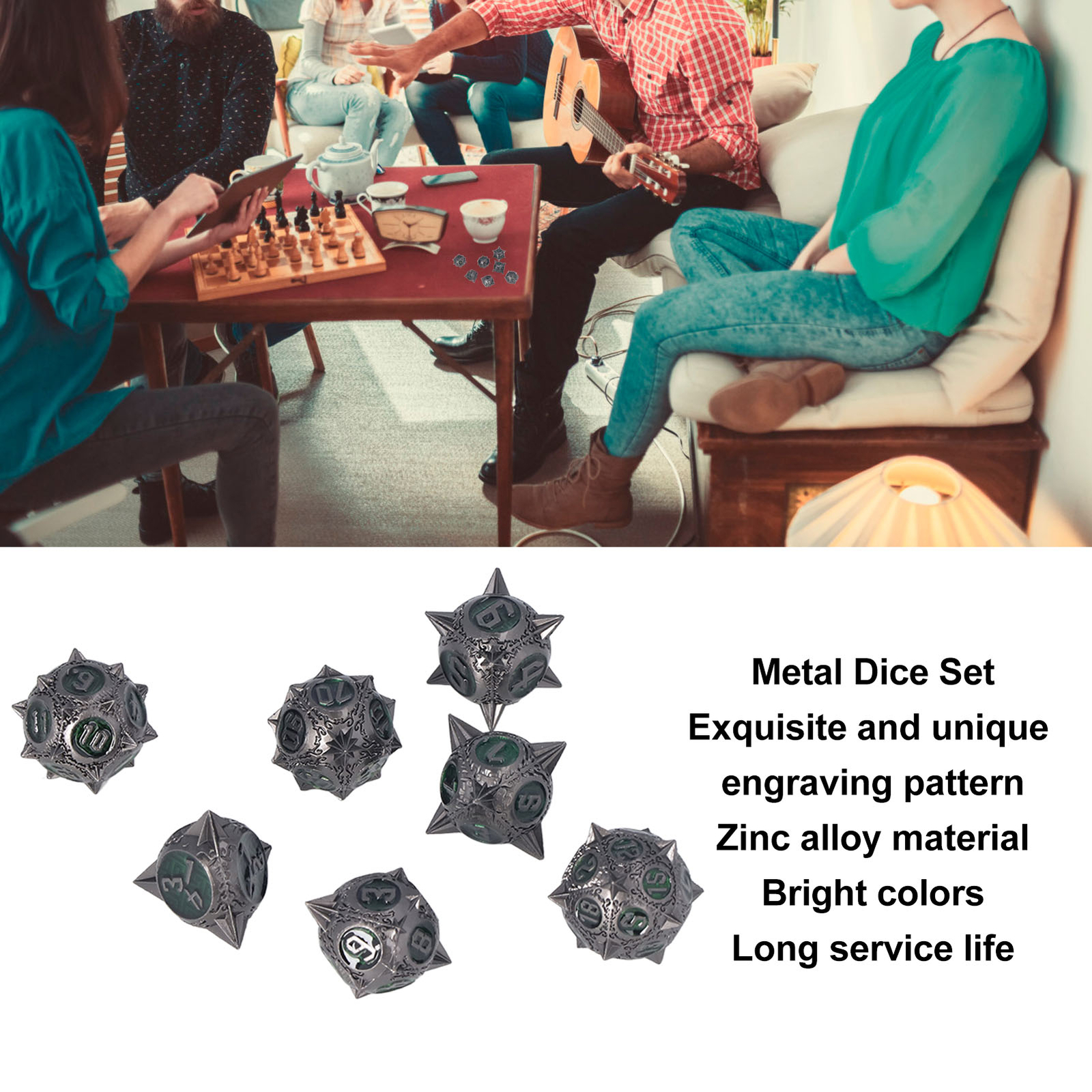 Metal Dice Set Metallic Alloy Dice Balanced Scrolling Portable 7 PCS ...