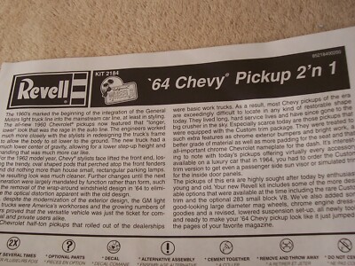 Revell 1:25 64 Chevy Pickup Truck Plastic Model Kit Instructions only ...