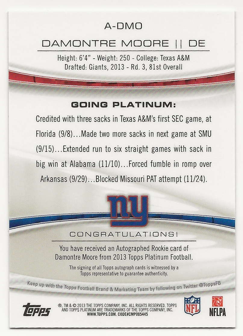 2013 Topps Platinum #A-DMO Damontre Moore Rookie Refractor 97/99 NY ...