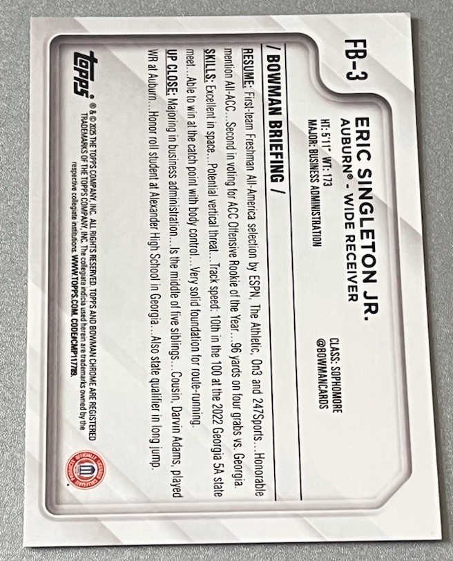 2025 NSCC Eric Singleton Jr #FB-3 Bowman Chrome University Orange /25 ...