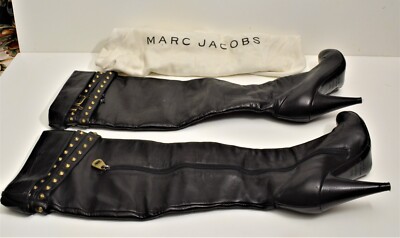 Auth Mark by Mark Jacobs black leather knee-high tall high heels boots ...