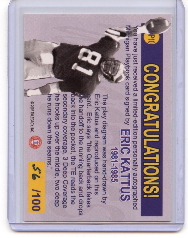 ERIC KATTUS TK LEGACY NCAA FOOTBALL CERTIFIED AUTO SERIAL #'D 56/100 ...