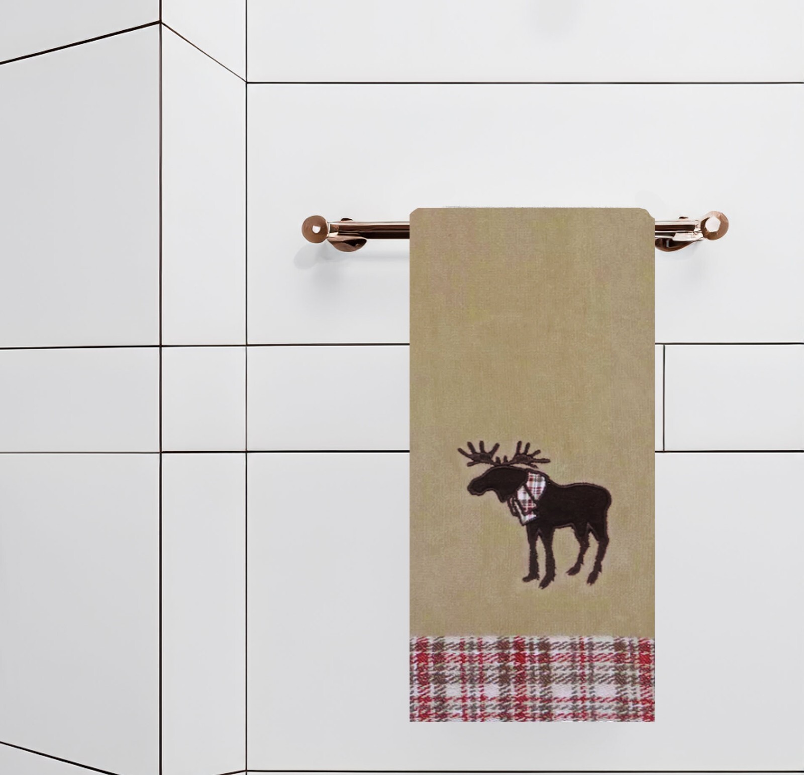 Moose Bath Tan Hand Towels, 2 Piece, Appliqued Embroidery Plaid Border ...