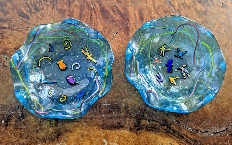 Fused Art Glass Blue Bowls Ruffled Edges Fish Dragonflies 7.5" Set Of 2 ...