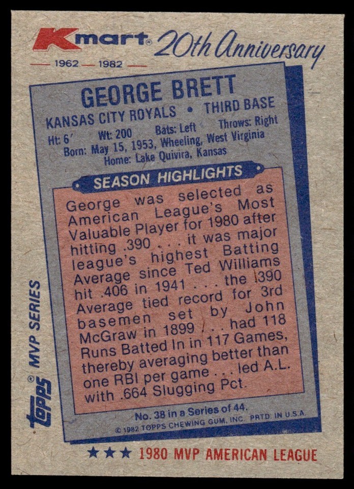 1982 Topps Kmart 20th Anniversary #38 George Brett - Kansas City Royals ...