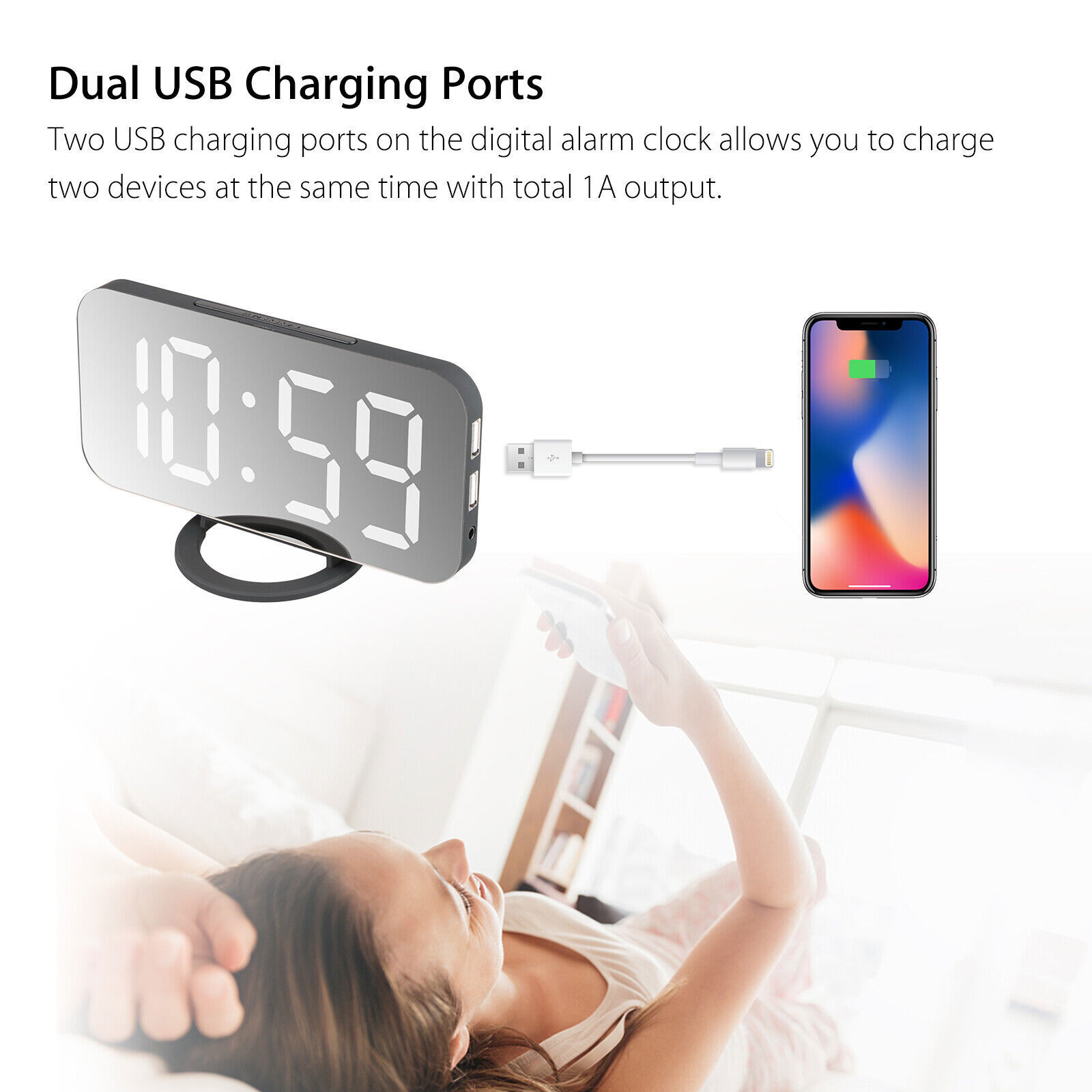 Digital Alarm Clock Large LED Mirror Display Dual USB Charger Port ...