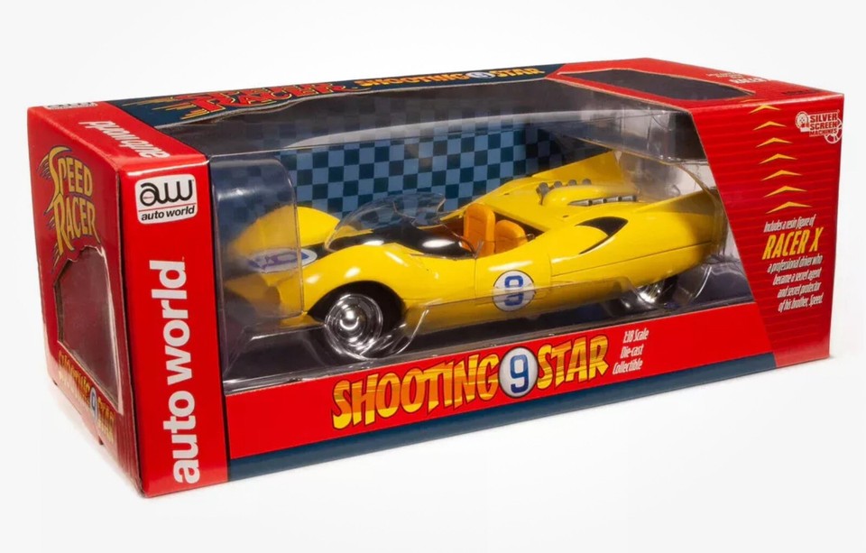 SPEED RACER SHOOTING STAR #9 YELLOW & RACER X FIGURE 1/18 CAR AUTO ...
