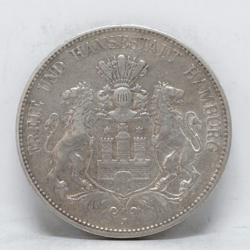 1907-J Germany Hamburg 5 Mark Funf Reich .900 Silver (cn12550) | eBay