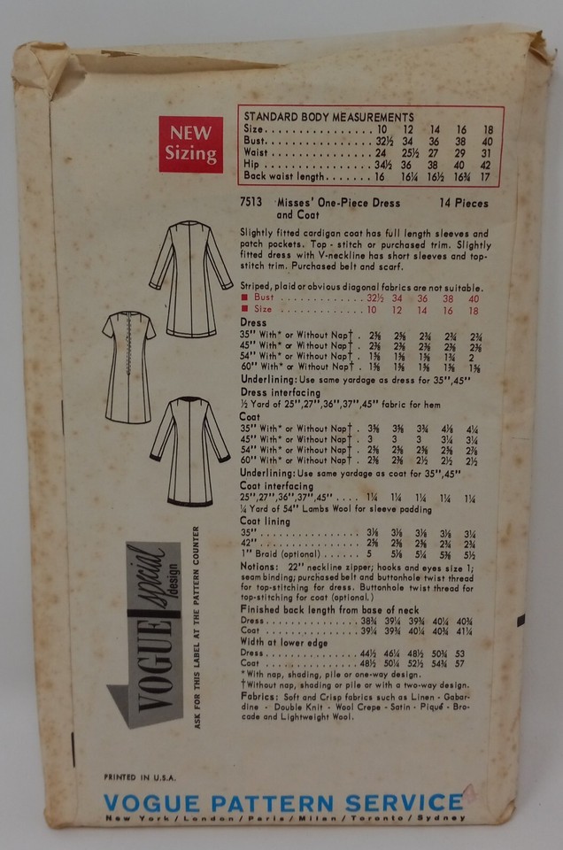 Vogue 1969 Sew Pattern #7513 One Piece Dress & Coat Size 12 Bust 34 Hip ...