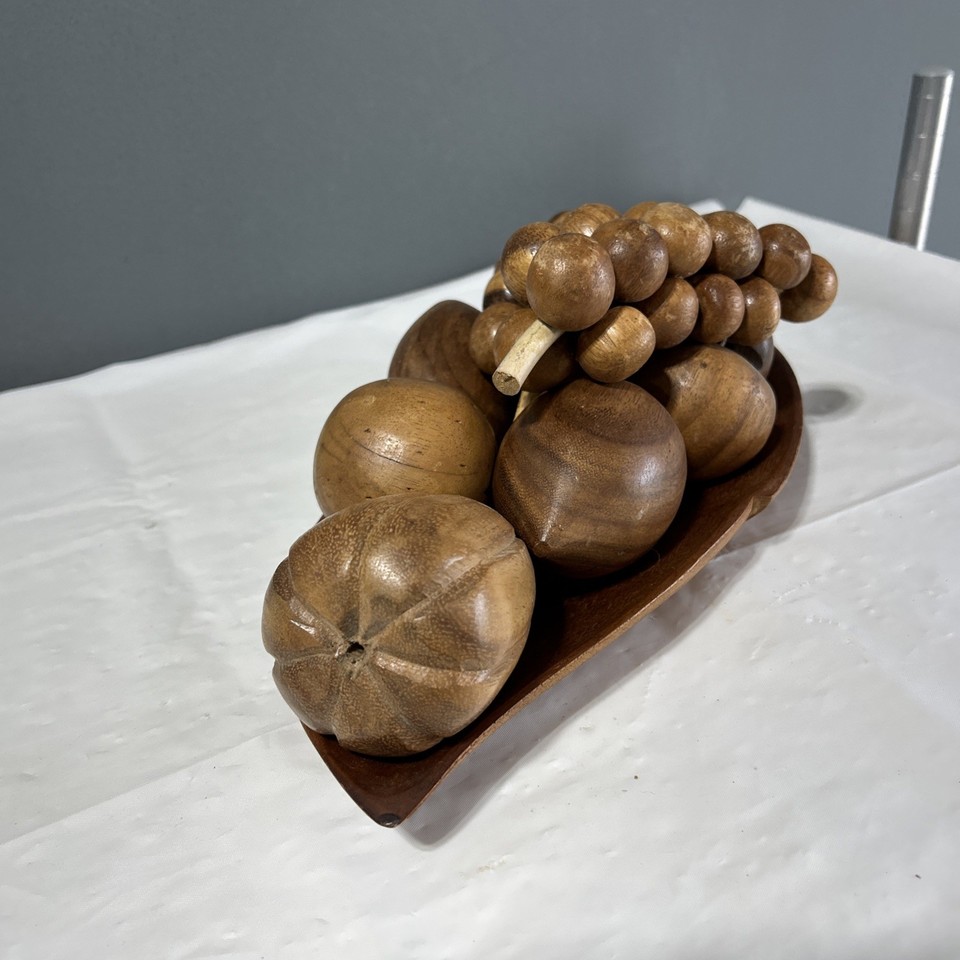 MCM Wooden 9 Piece Fruit Lot &Tray Carved Retro Brown Mid Century ...