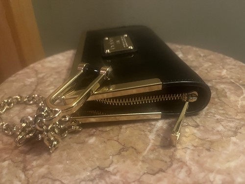Bebe Black Wristlet Clutch Wallet Patent Leather Gold Chain Strap ...