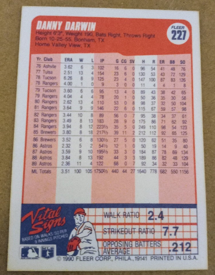 1990 Fleer DANNY DARWIN Baseball Card #227. HOUSTON ASTROS... | eBay
